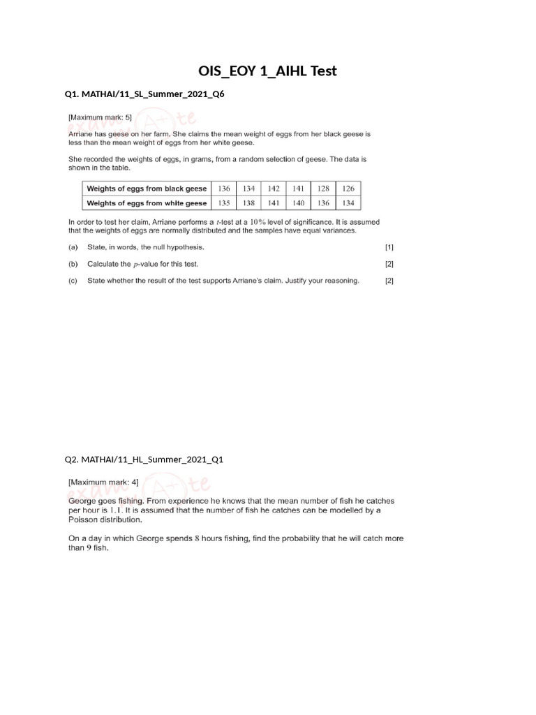 OIS - EOY 1 - AIHL Test | PDF