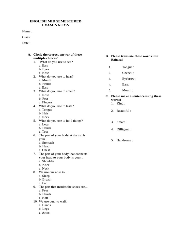 English Mid Semester Exam Questions | PDF