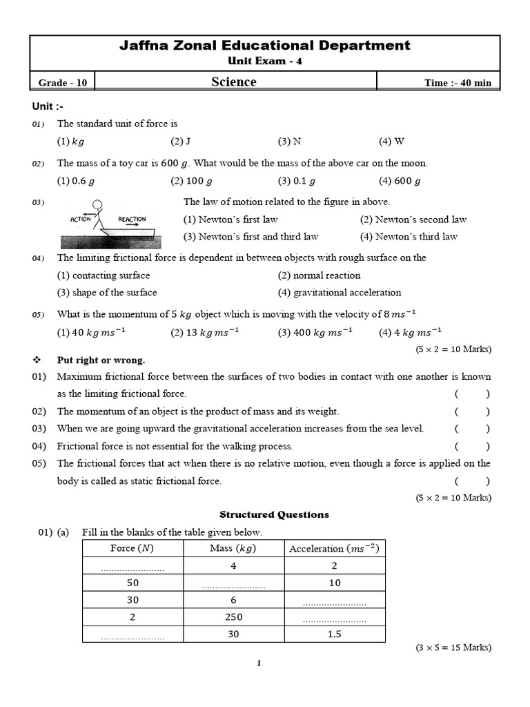 Grade 10 Science Unit Exam Questions | PDF | Force | Newton's Laws Of ...