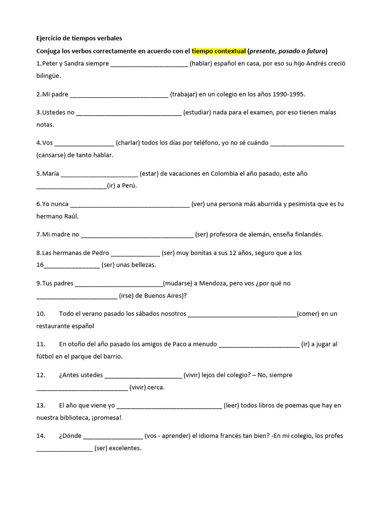 Ejercicio de Tiempos Verbales | PDF