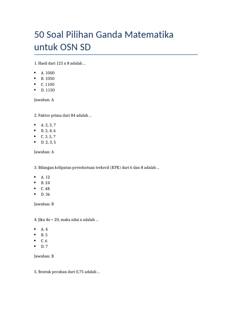 50 Soal OSN Matematika SD | PDF
