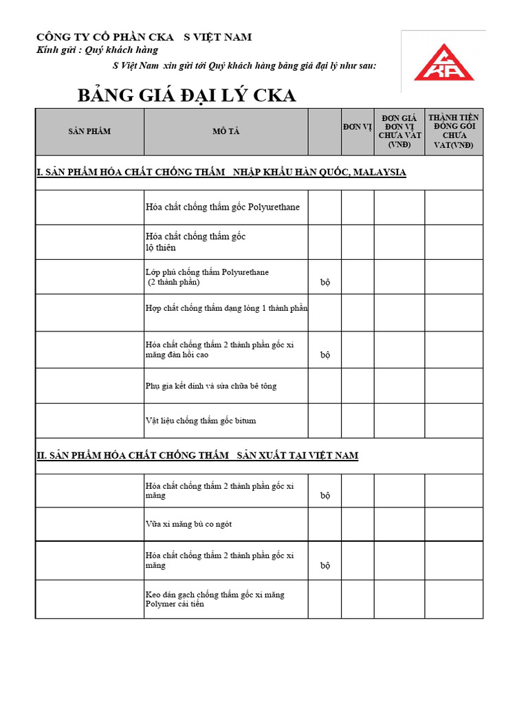 Bảng Giá Đại Lý Cka - 2024: Công Ty Cổ Phần Cka - S Việt Nam | PDF