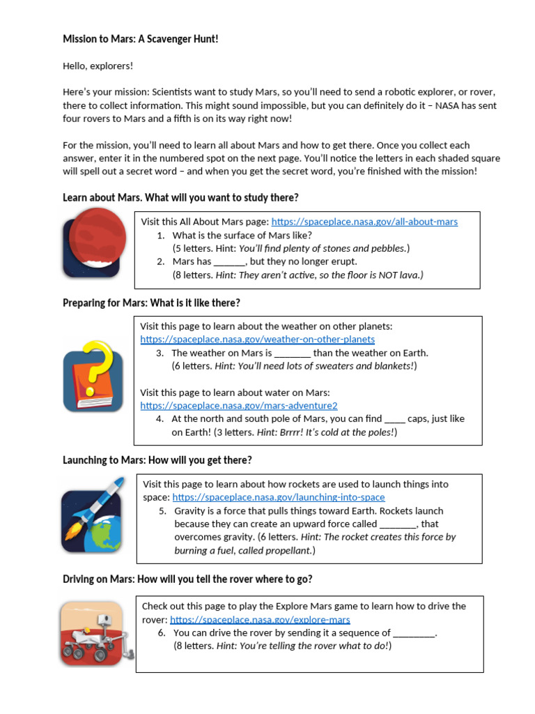 Mars Mission Scavenger Hunt Guide | PDF | Mars | Rover (Space Exploration)
