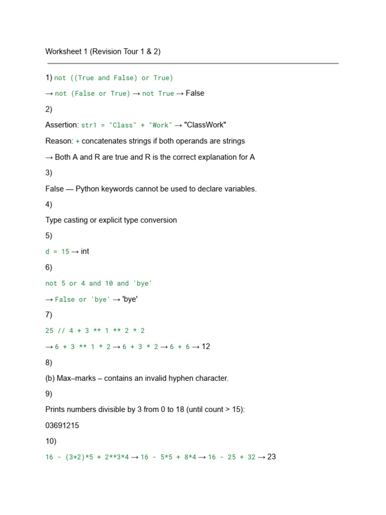 Worksheet 1 (Revision Tour 1 & 2) Solutions | PDF | Boolean Data Type | Integer (Computer Science)