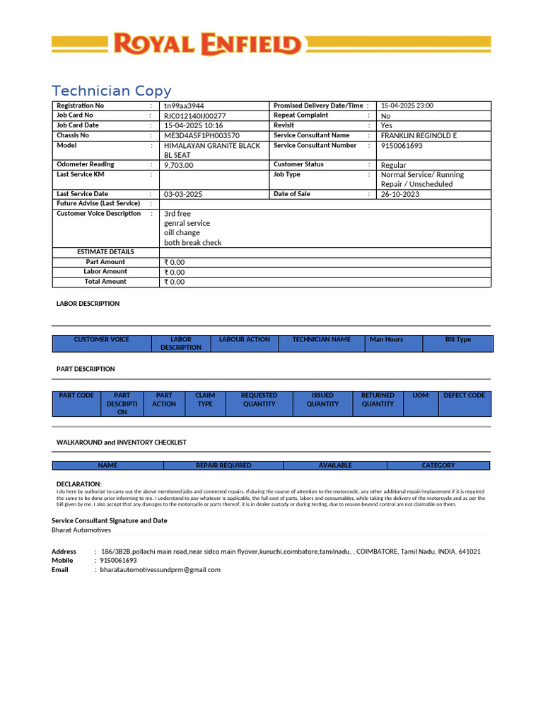Motorcycle Service Job Card Details | PDF | Business