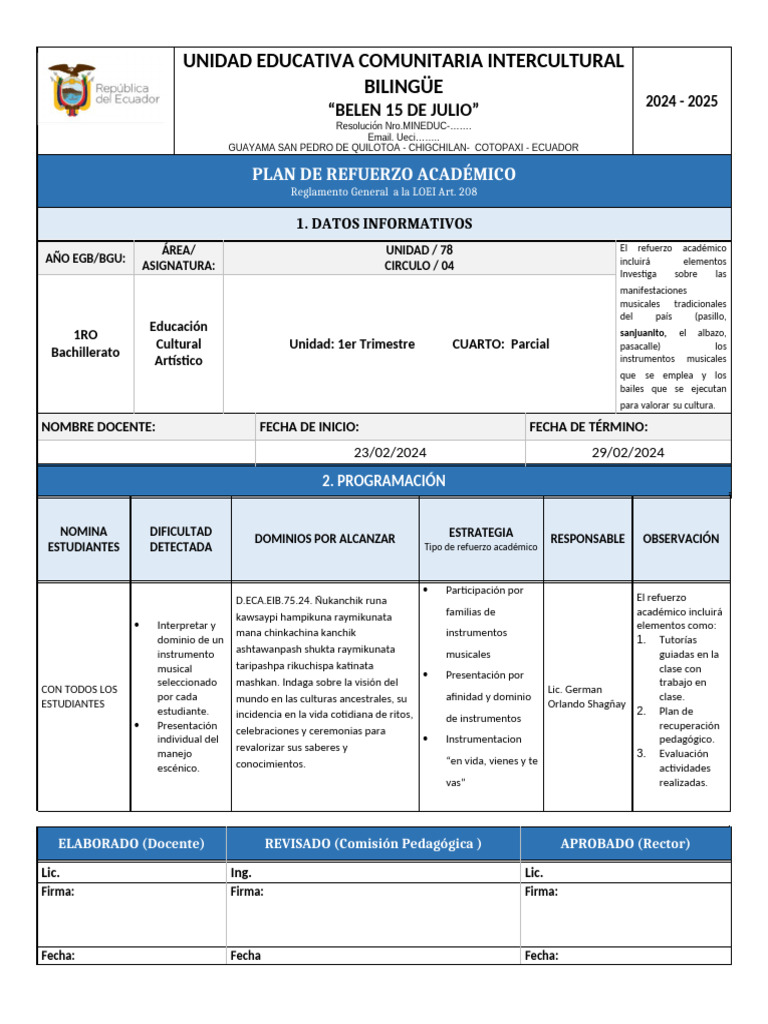 Plan de Refuerzo Academico 2do Parcial | PDF