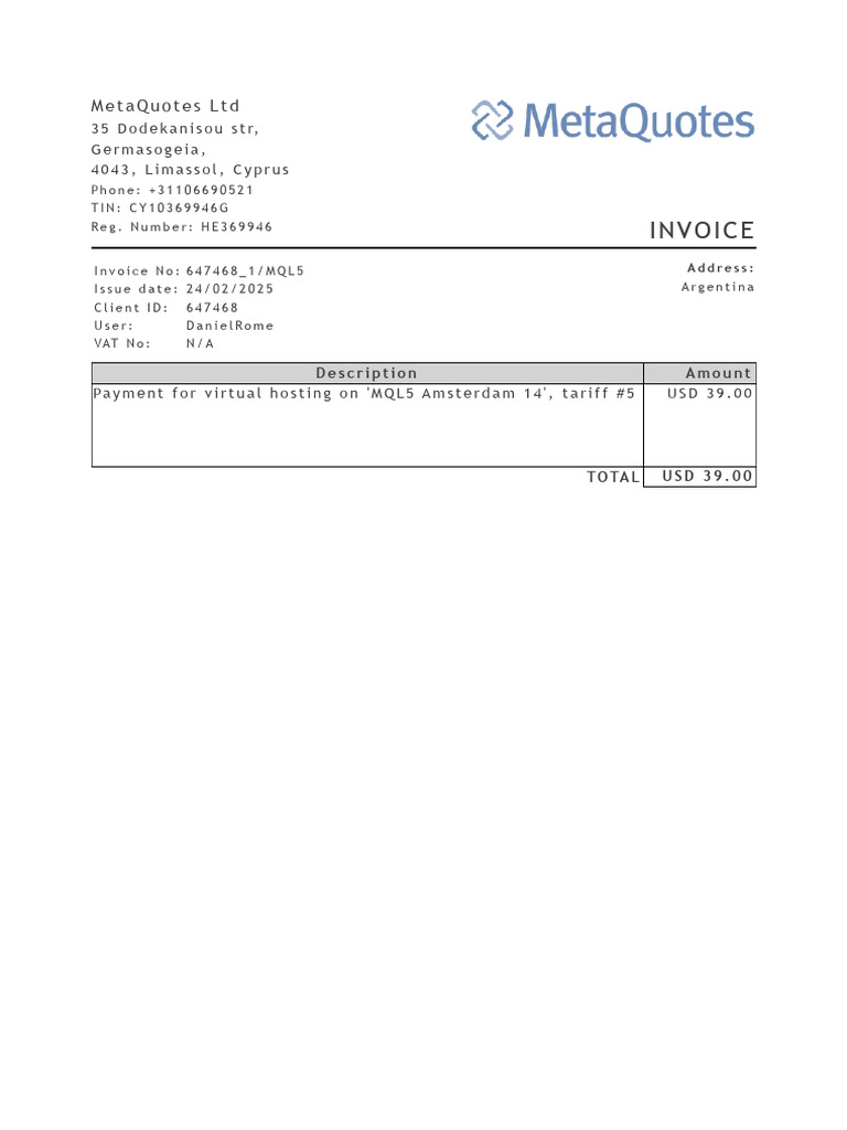 Invoice: Metaquotes LTD | PDF