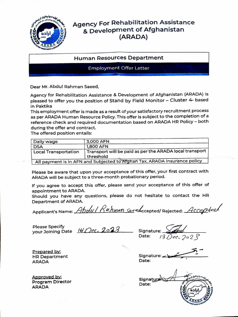 Abdul Rahman Saeed Offer Acceptance Letter | PDF