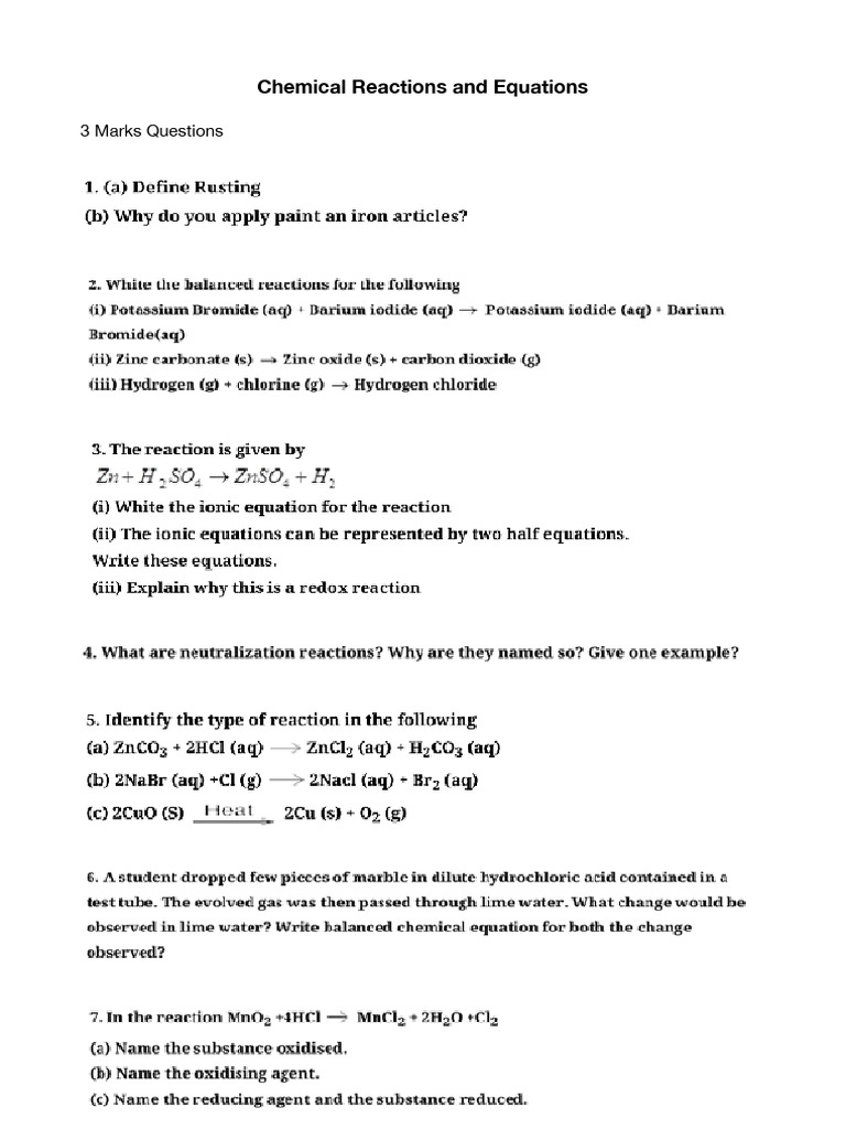 Chemical Reactions and Equations - 3 - Marks | PDF