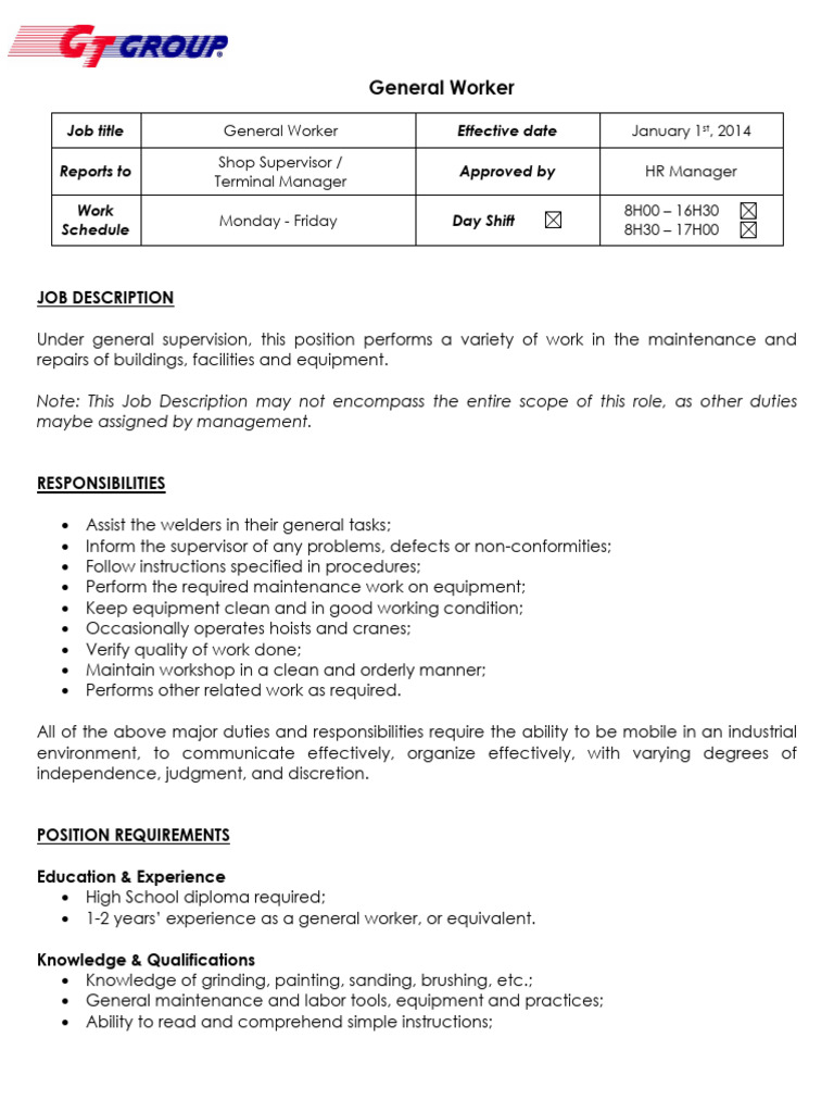 General Worker Job Description and Duties | PDF | Business