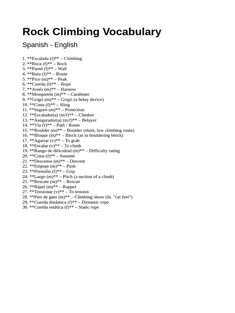 Rock Climbing Vocab | PDF