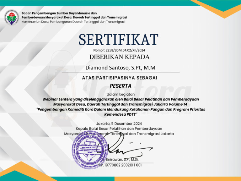 Sertifikat Lentera 14. Diamond Santoso, S.PT, M.M | PDF