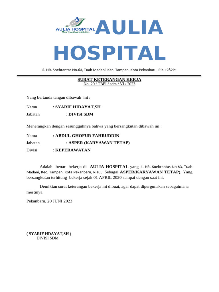 SK Kerja - Abdul Ghofur (Aulia Hospital) | PDF