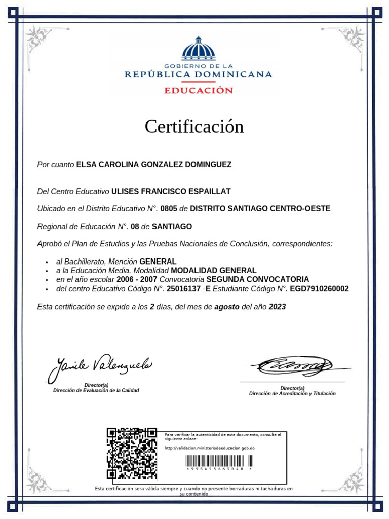 Certificación Bachillerato Distrito 0805 | PDF