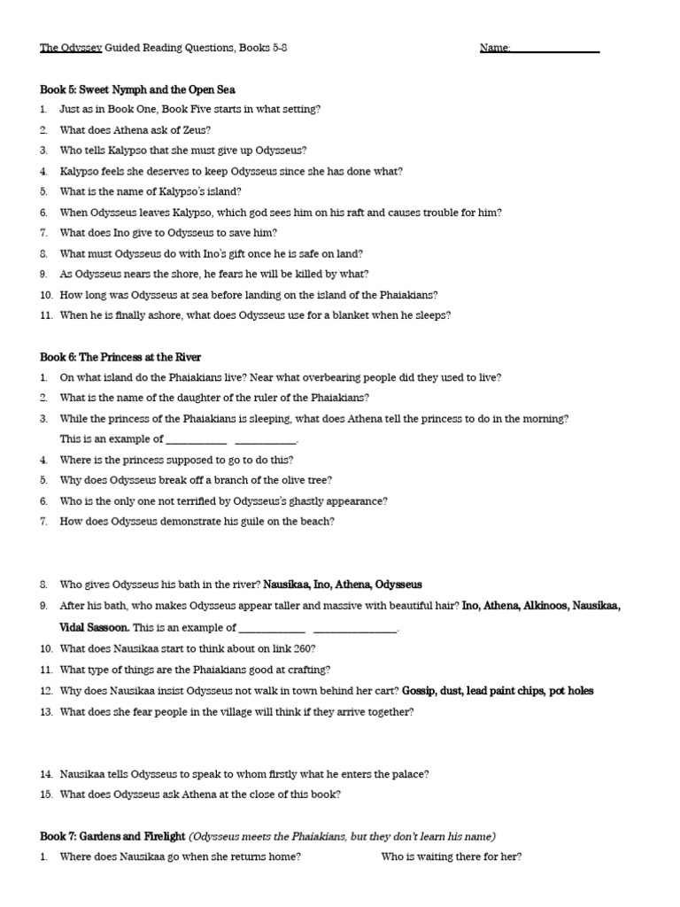 The Odyssey Books 5-8 Guided Reading Questions | PDF | Odyssey