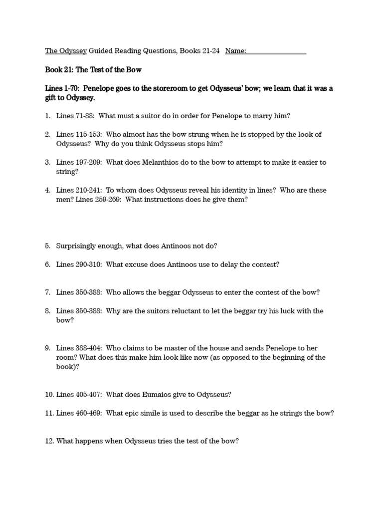 The Odyssey Books 21-24 Guided Reading Questions | PDF | Penelope ...