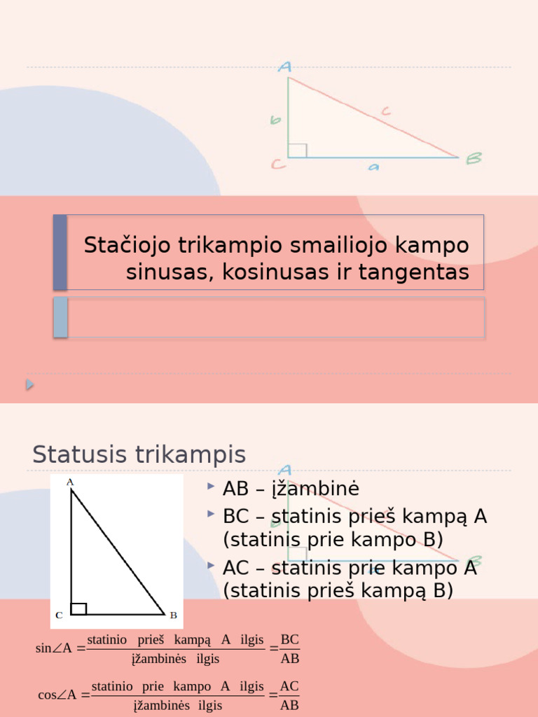 Stačiojo Trikampio Smailiojo Kampo Sinusas, Kosinusas Ir Tangentas | PDF