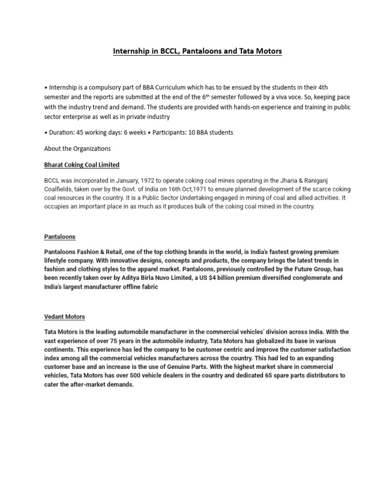 BCCL Internship Overview for BBA Students | PDF | Economies