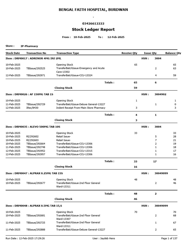 Stock Ledger Report | PDF