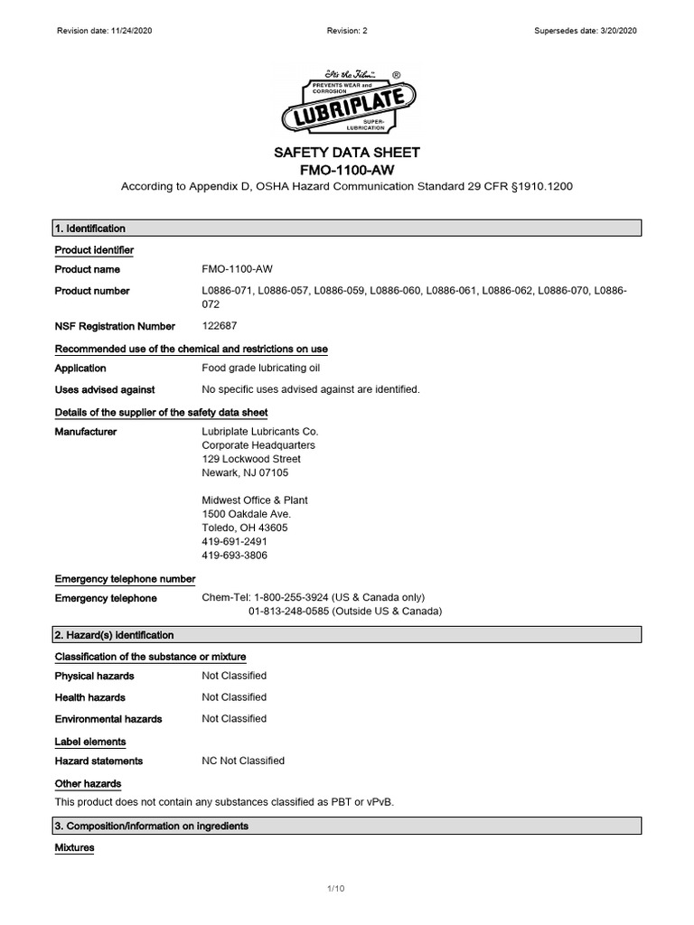 FMO-1100-AW Safety Data Sheet | PDF | Waste | Toxicity