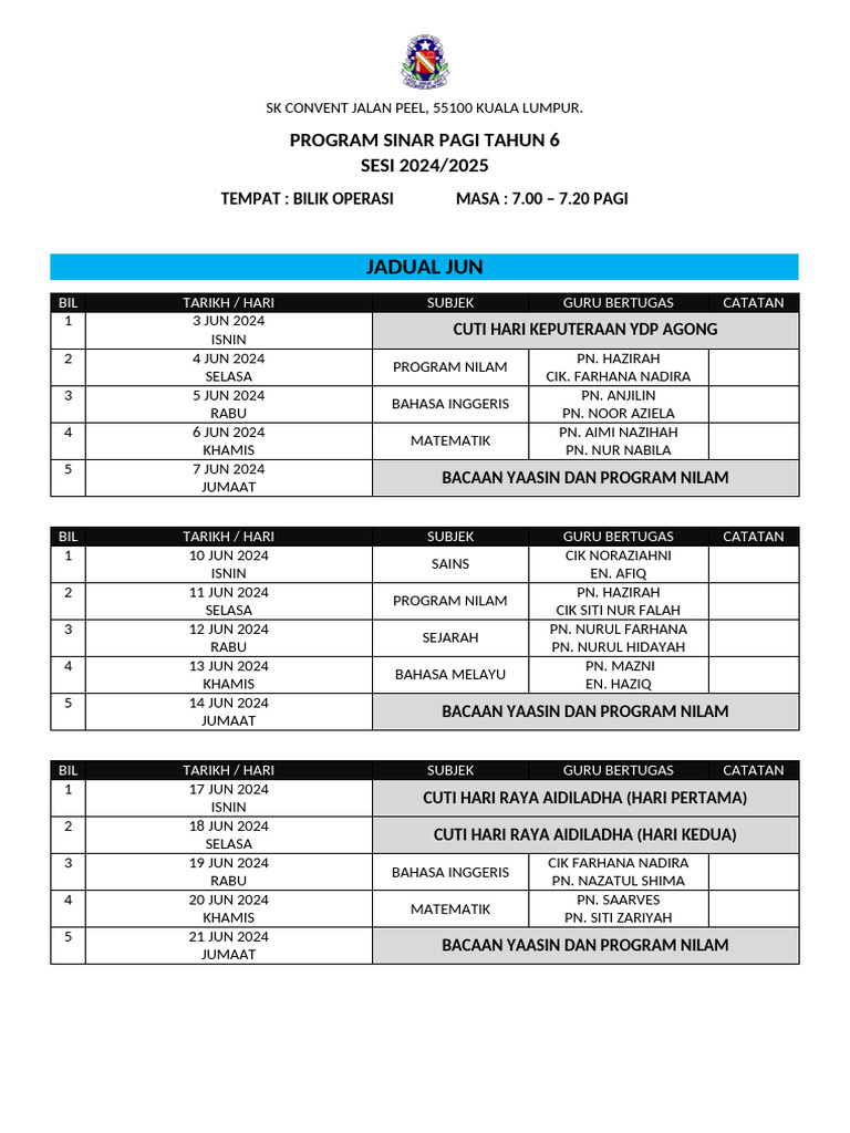 Jadual Kelas Sinar Pagi (Jun) | PDF