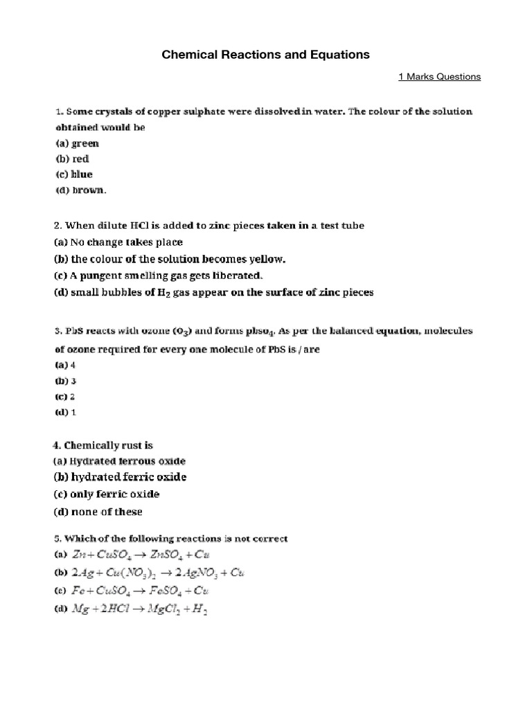 1 Mark Questions on Chemical Reactions | PDF