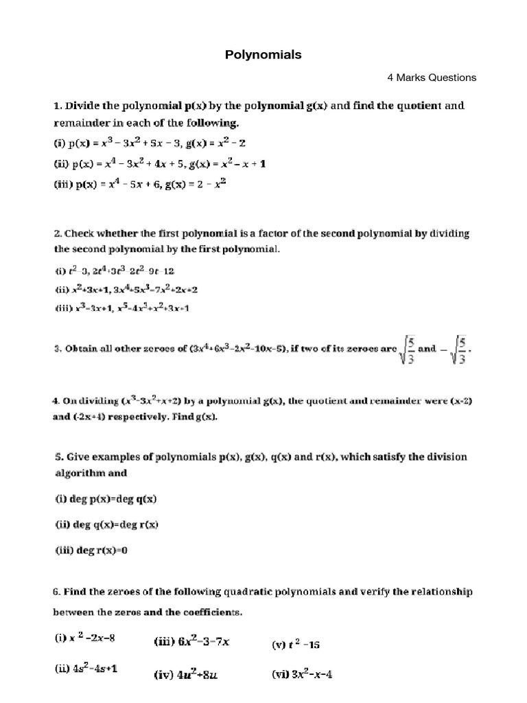 Polynomials Test _4_Marks | PDF