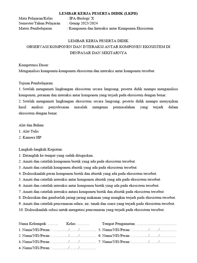 LKPD Ekosistem Interaksi Komponen | PDF