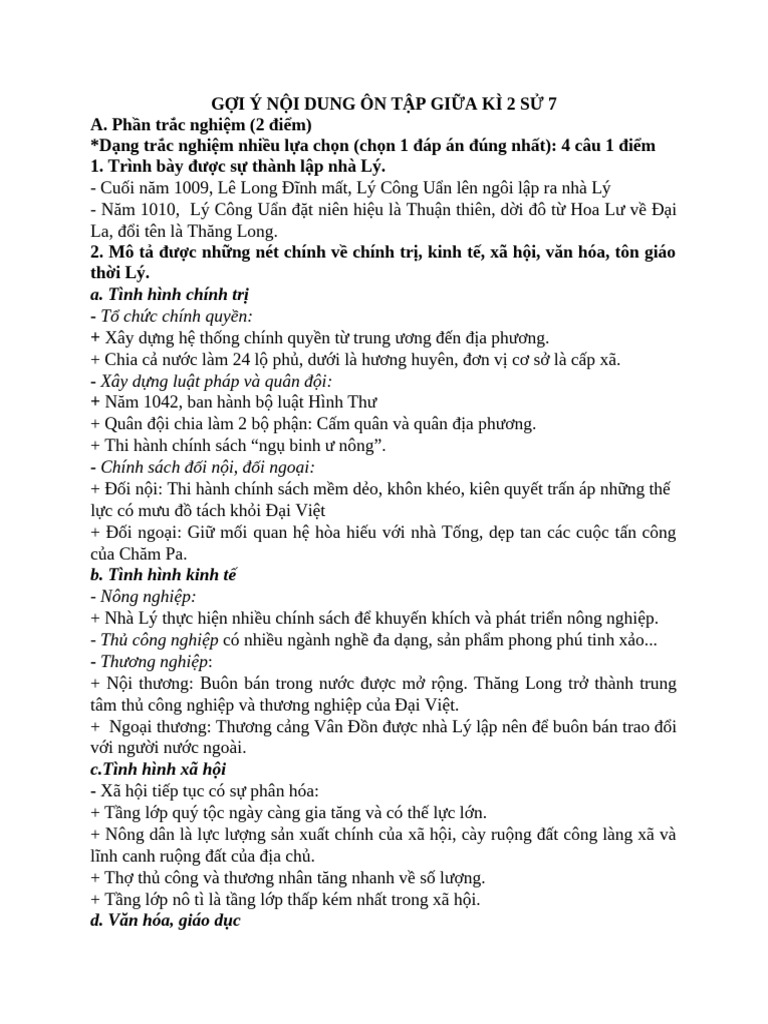 Sử 7 Đề cương ôn tập giữa kì 2.xong | PDF