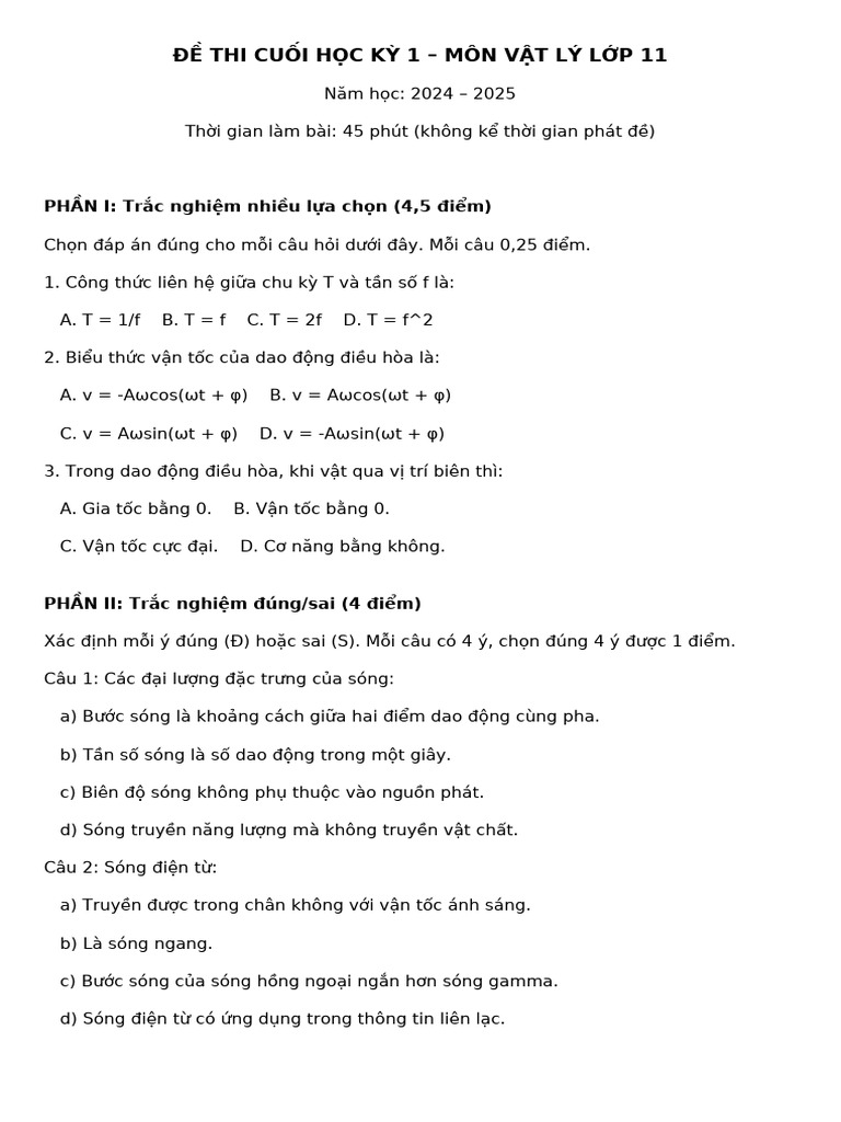 De Thi Vat Ly Lop 11 HK1 | PDF