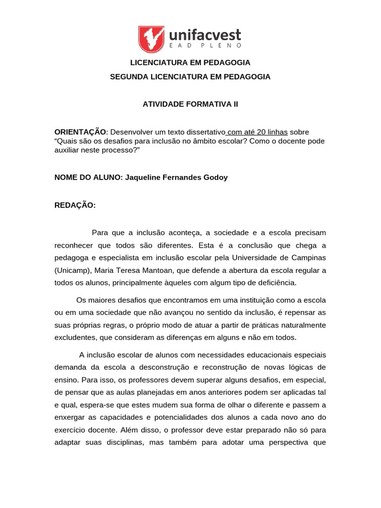 ATIVIDADE FORMATIVA II (Jaqueline Fernandes Godoy) | PDF | Exclusão social | Pedagogia