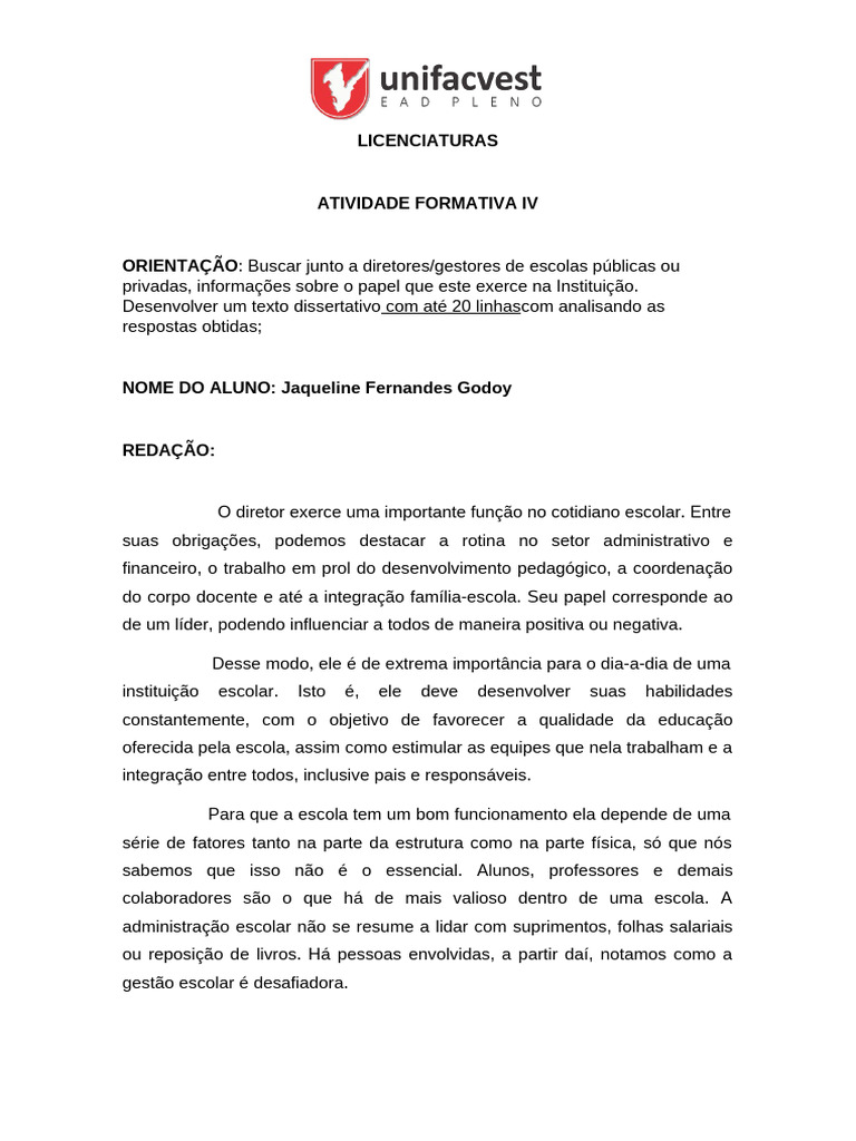 ATIVIDADE FORMATIVA IV (Jaqueline Fernandes Godoy) | PDF