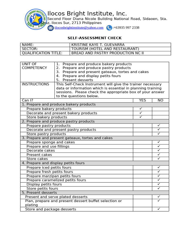 02_PTS_SELF_ASSESSMENT_CHECKLIST | PDF | Cakes | Desserts