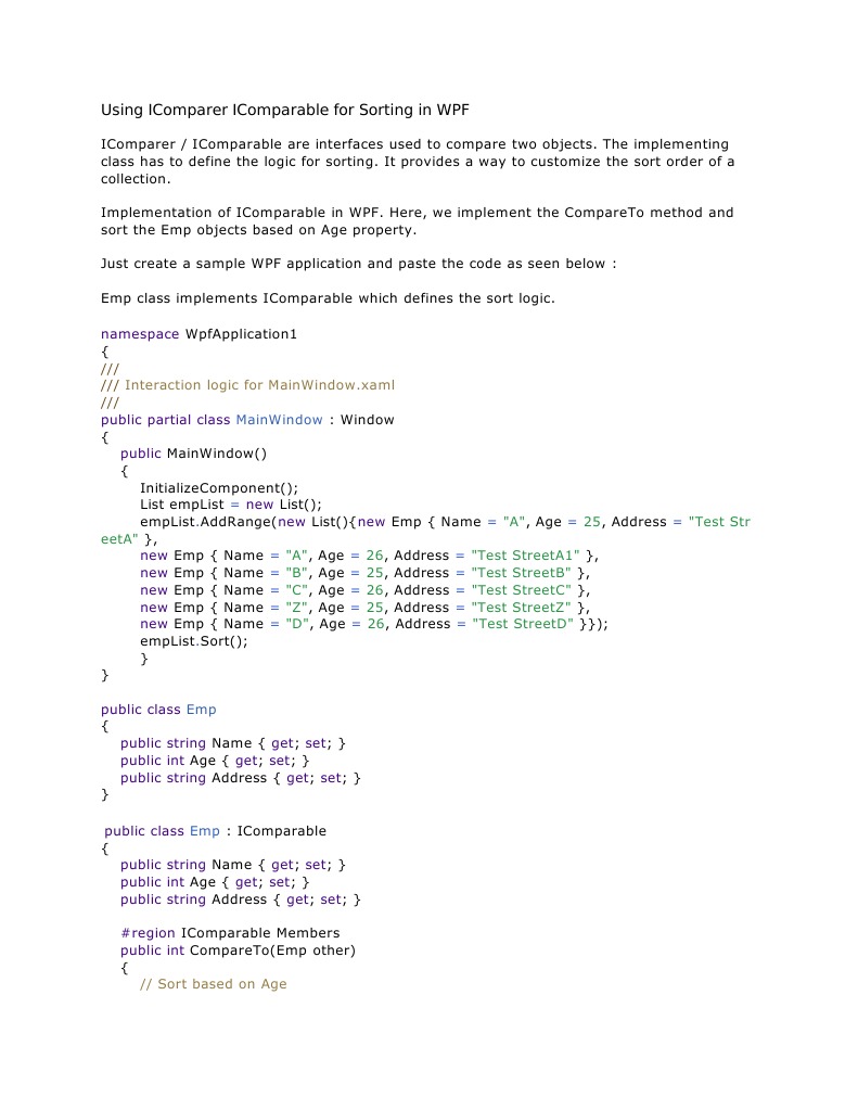 Using Icomparer Icomparable For Sorting In Wpf Download Free Pdf Windows Presentation