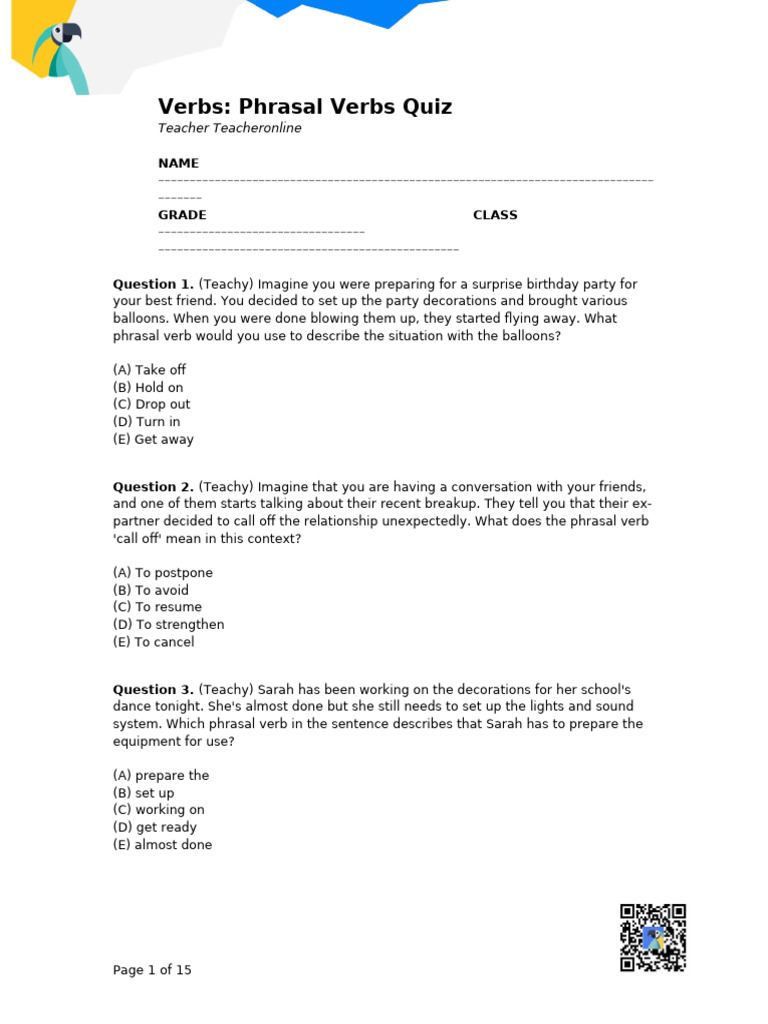 Verbs - Phrasal Verbs Quiz | PDF | Communication | English Language