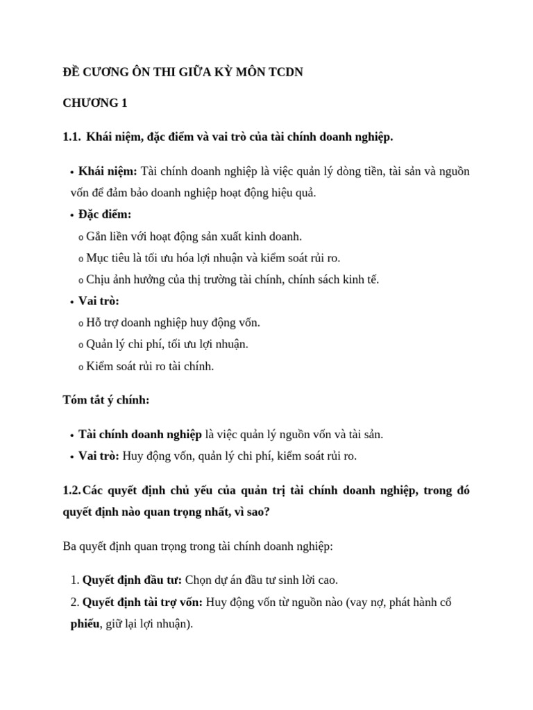 ĐỀ CƯƠNG ÔN THI GIỮA KỲ MÔN TCDN | PDF