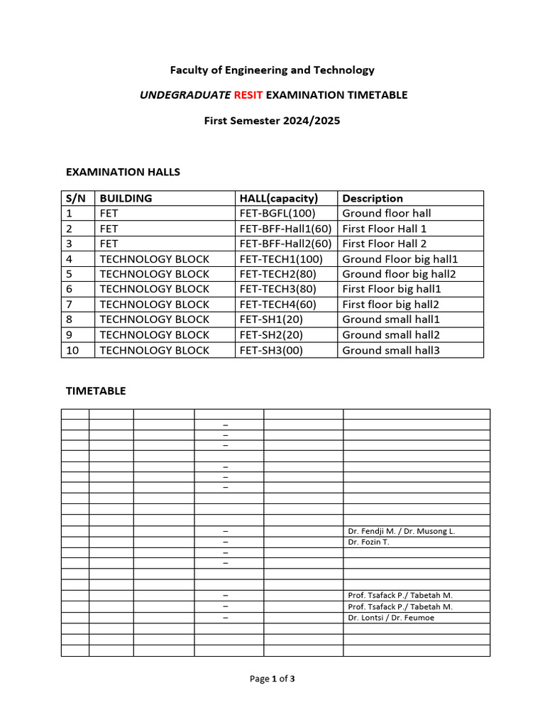 Resit First Semester Exam Timetable 2025 - 26 - 02 - 2025 | PDF