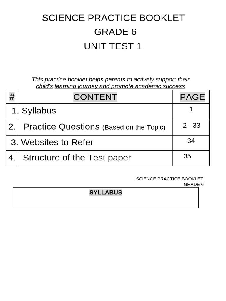 6 Science Practice Booklet Unit Test 1 | PDF | Circulatory System ...