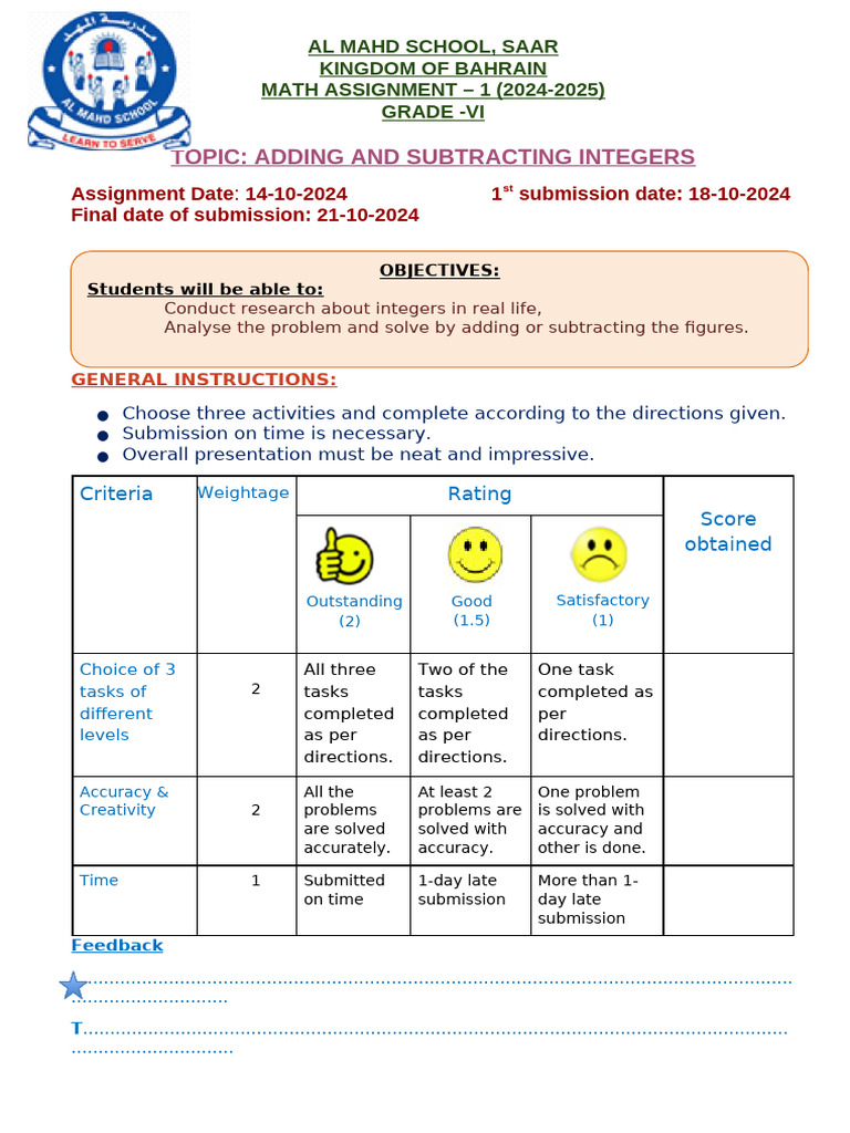 Mahmood Emad Hasan - Assignment-1 (Integers)2024-2025 | PDF
