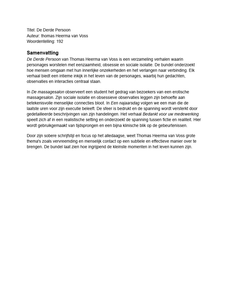 Samenvatting de Derde Persoon | PDF