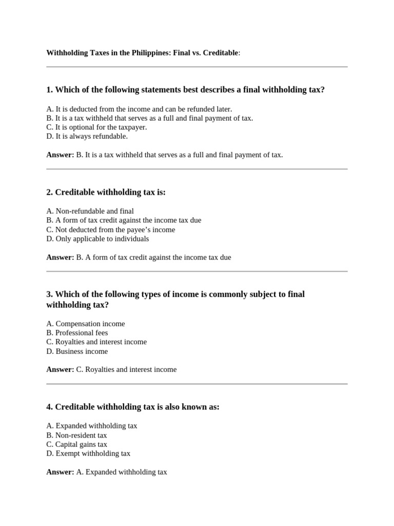 Final vs. Creditable Withholding Taxes PH | PDF | Taxation In The ...