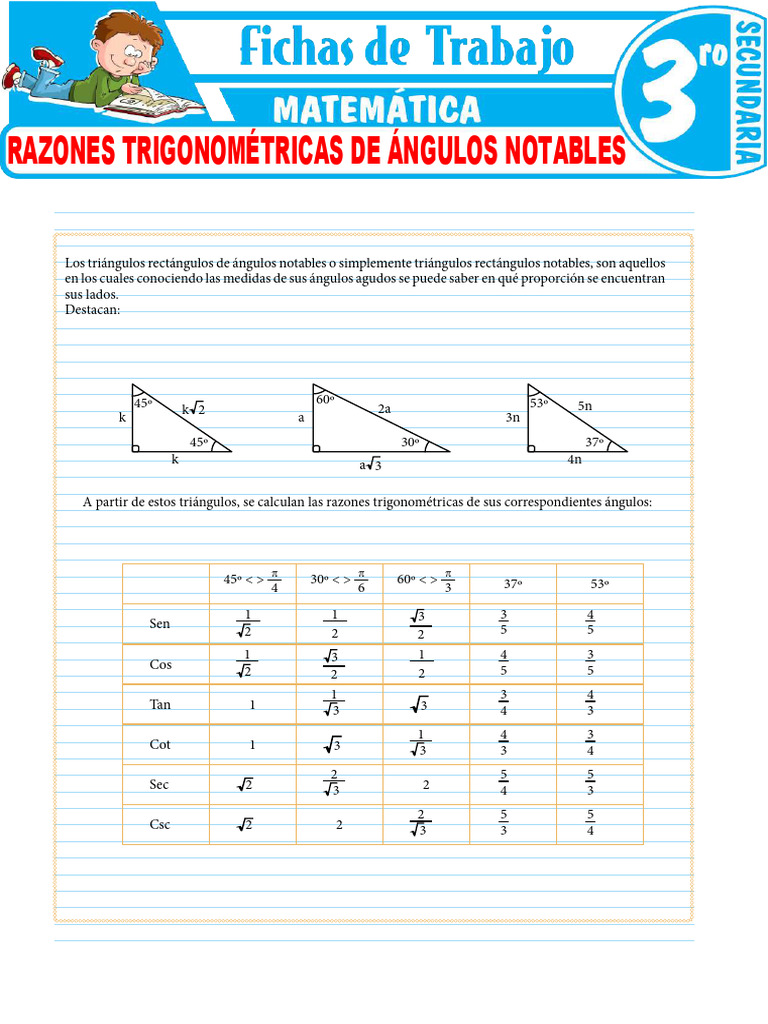 Razones Trigonometricas de Angulos Notables Para Tercer Grado de Secundaria | PDF ...