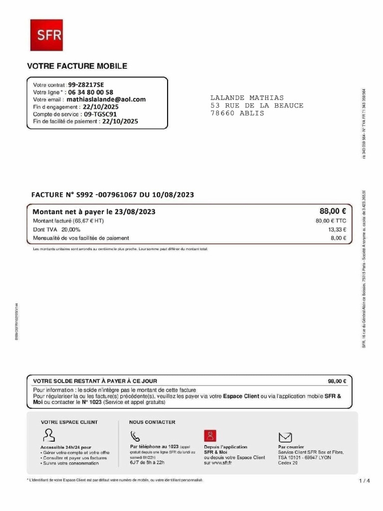 SFR Facture 0634800058 | PDF
