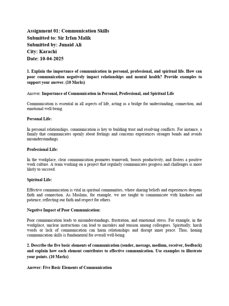 Communication Skills Assignment 01 | PDF | Communication | Nonverbal ...