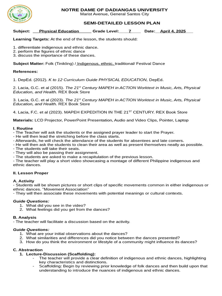 27-ESTANDA-Lesson Plan-PE | PDF | Dances | Knowledge