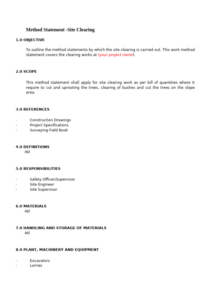 Site Clearing Method Statement Guide | PDF | Road | Effluent