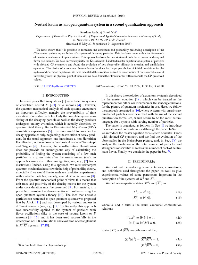 Neutral kaons as an open quantum system in a second quantization approach | PDF | Quantum ...