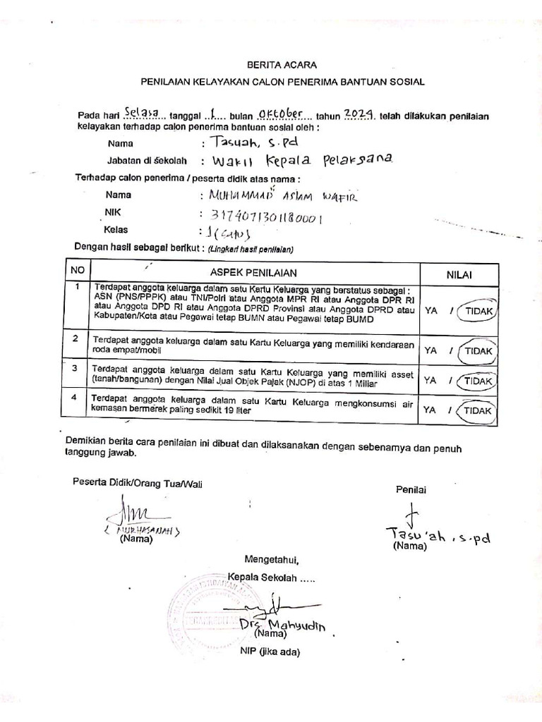 Surat Kelayakan - Muhammad Aslam Wafir (Kelas 1) | PDF