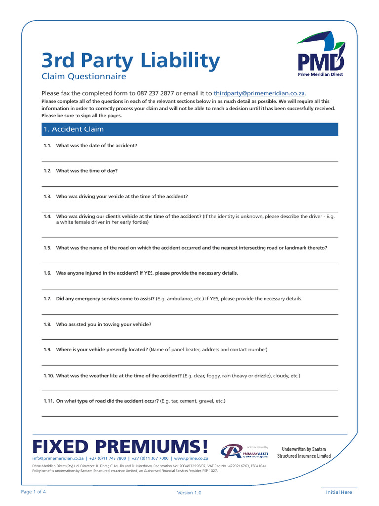 Third Party Claim Questionnaire | PDF | Traffic