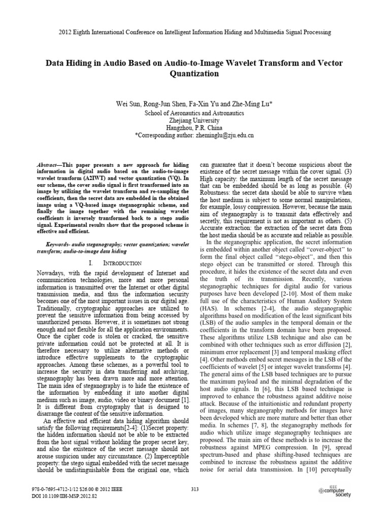 Data Hiding in Audio Based On Audio-to-Image Wavelet Transform and Vector Quantization | PDF ...